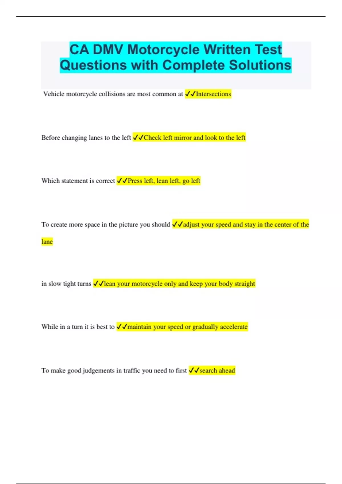 CA DMV Motorcycle Written Test Questions with Complete Solutions - CA ...