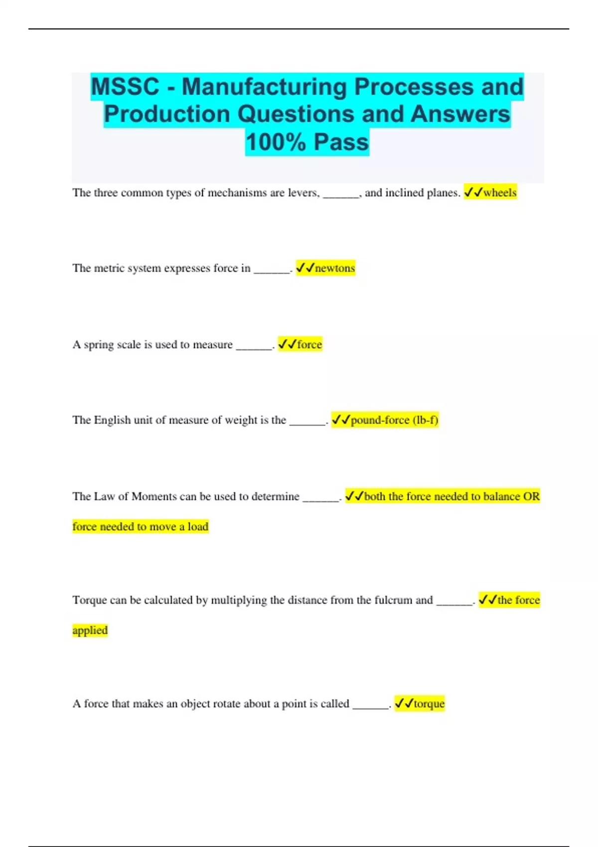 MSSC - Manufacturing Processes and Production Questions and Answers 100 ...