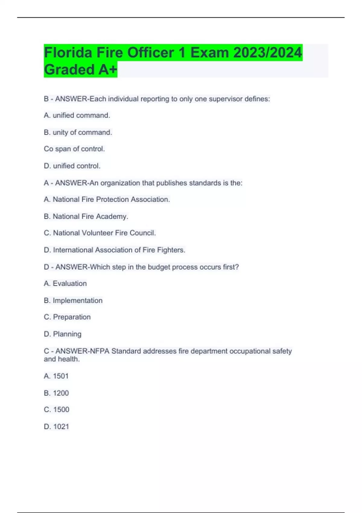 Florida Fire Officer 1 Exam 2023/2024 Graded A+ - Florida Fire Officer ...