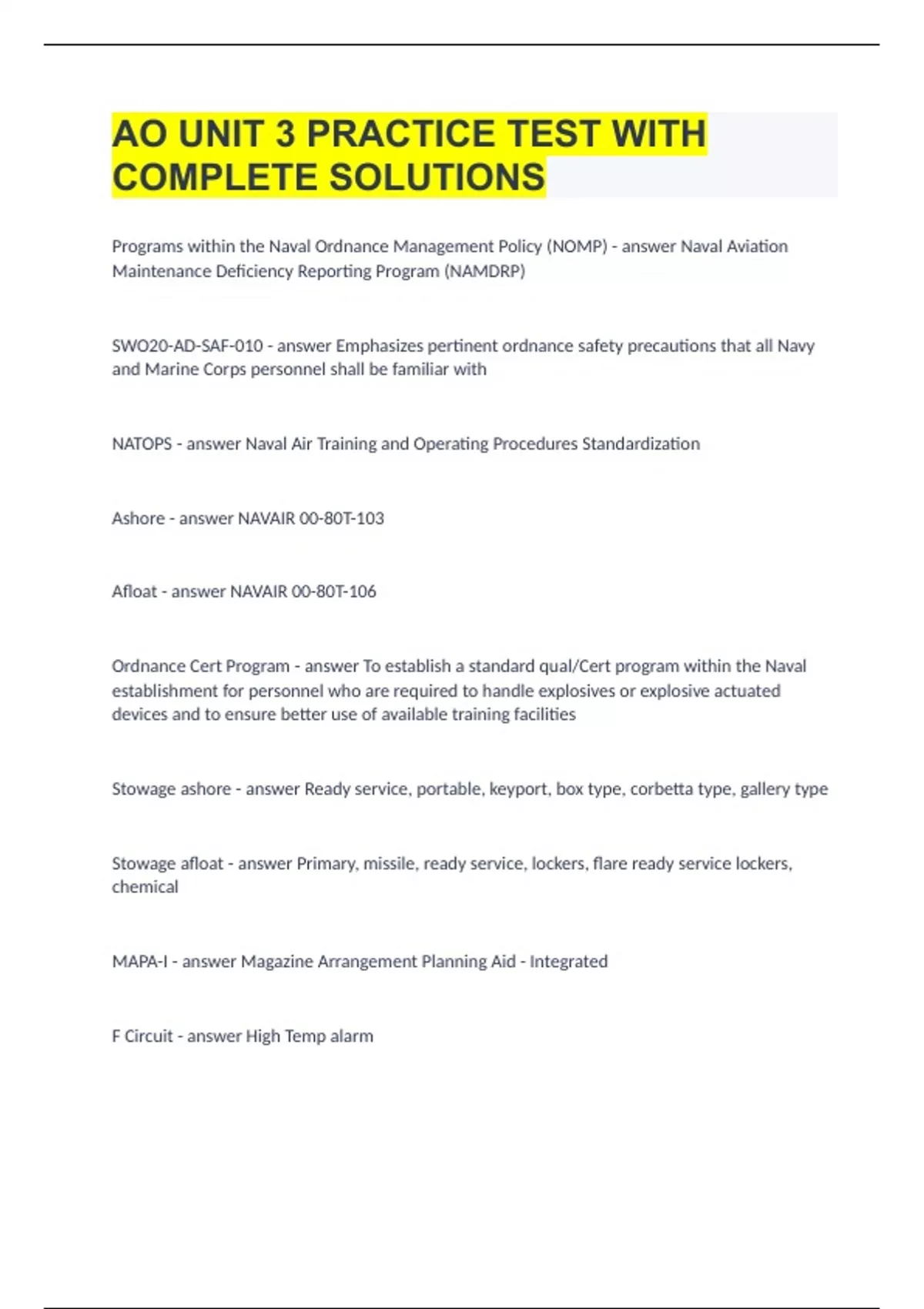 AO UNIT 3 PRACTICE TEST WITH COMPLETE SOLUTIONS - OAM 330 - Stuvia US