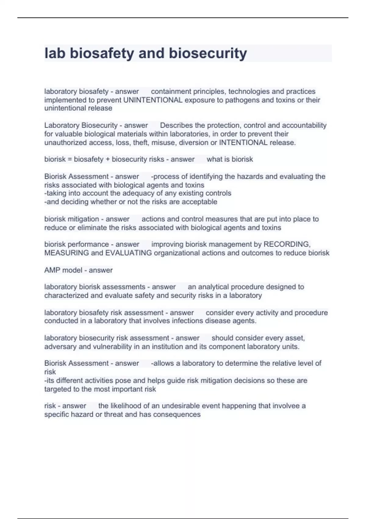 lab biosafety and biosecurity Questions with Accurate Answers 2023 ...