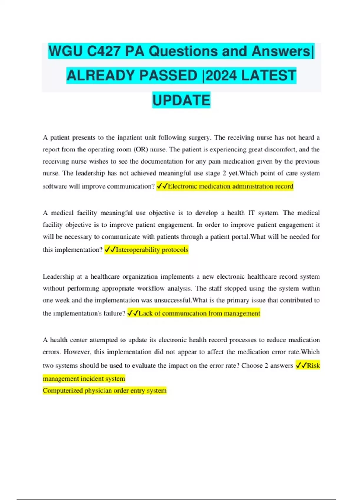 WGU C427 PA Questions and Answers| ALREADY PASSED |2024 LATEST UPDATE ...