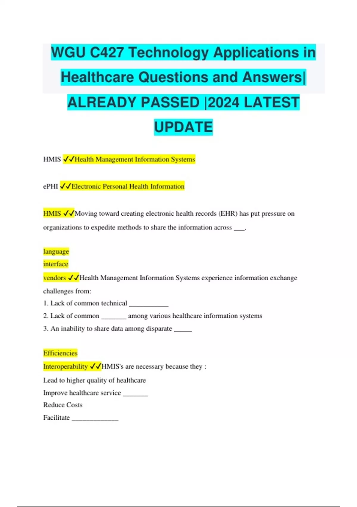 WGU C427 Technology Applications in Healthcare Questions and Answers ...
