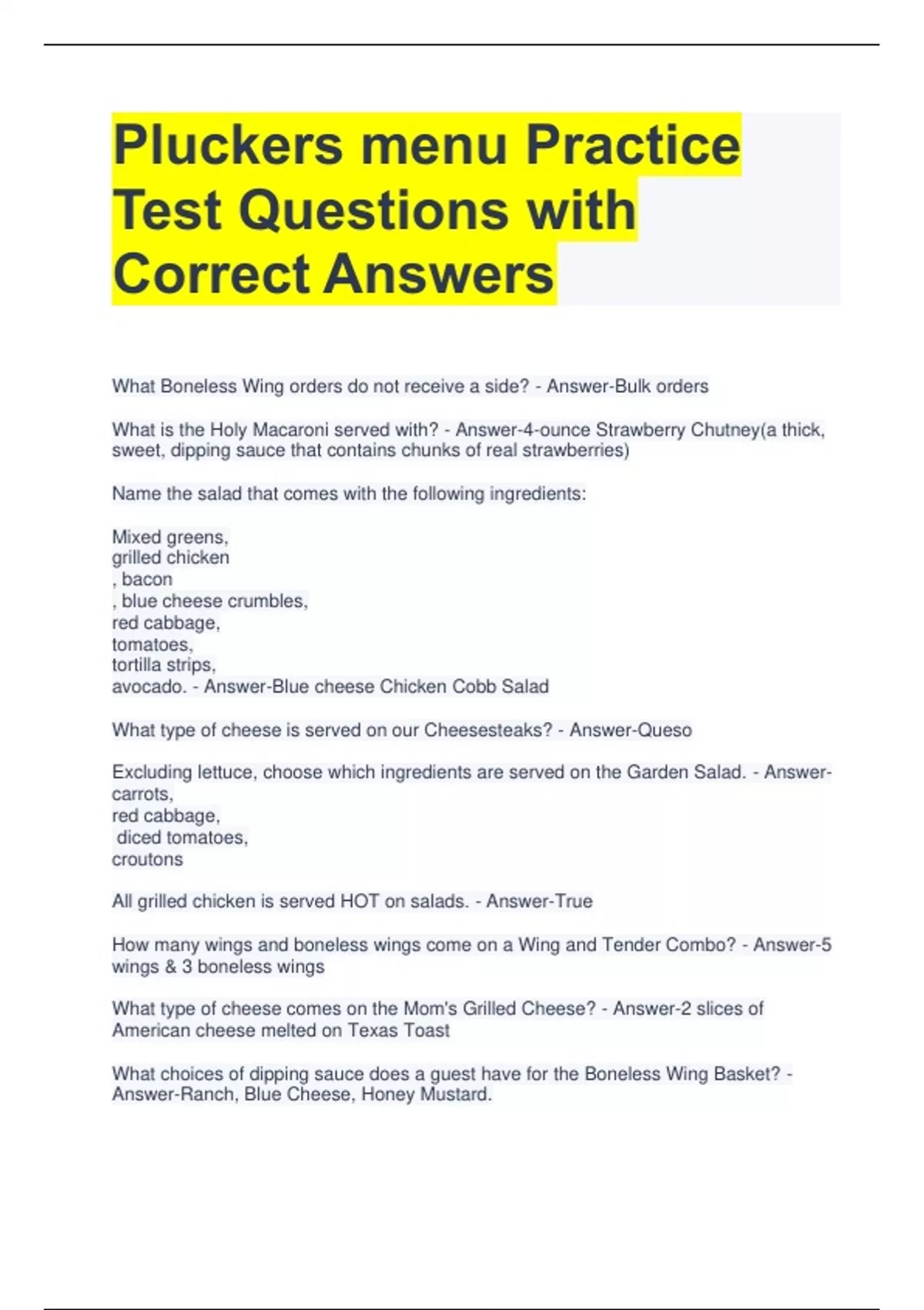 Pluckers menu Practice Test Questions with Correct Answers - Pluckers ...