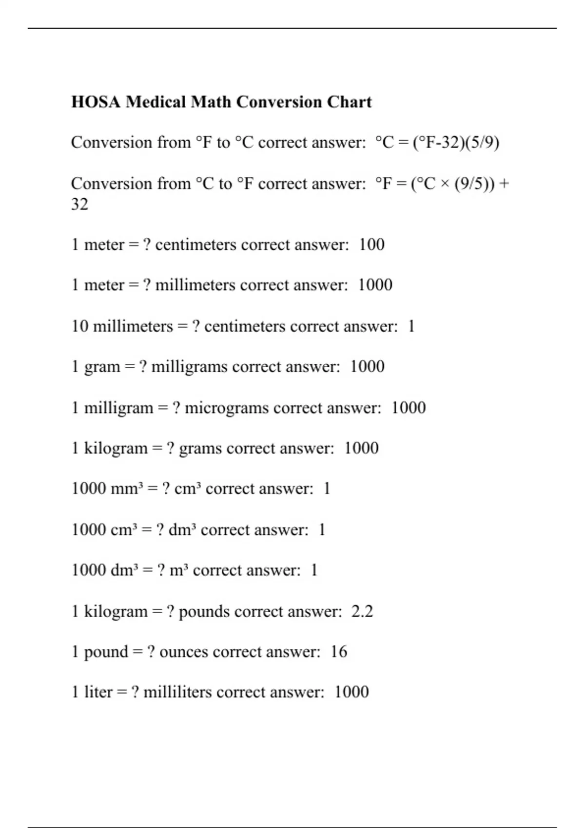 HOSA Medical Math Conversion Chart HOSA Stuvia US HOSA Medical Math Conversion Chart HOSA Stuvia US