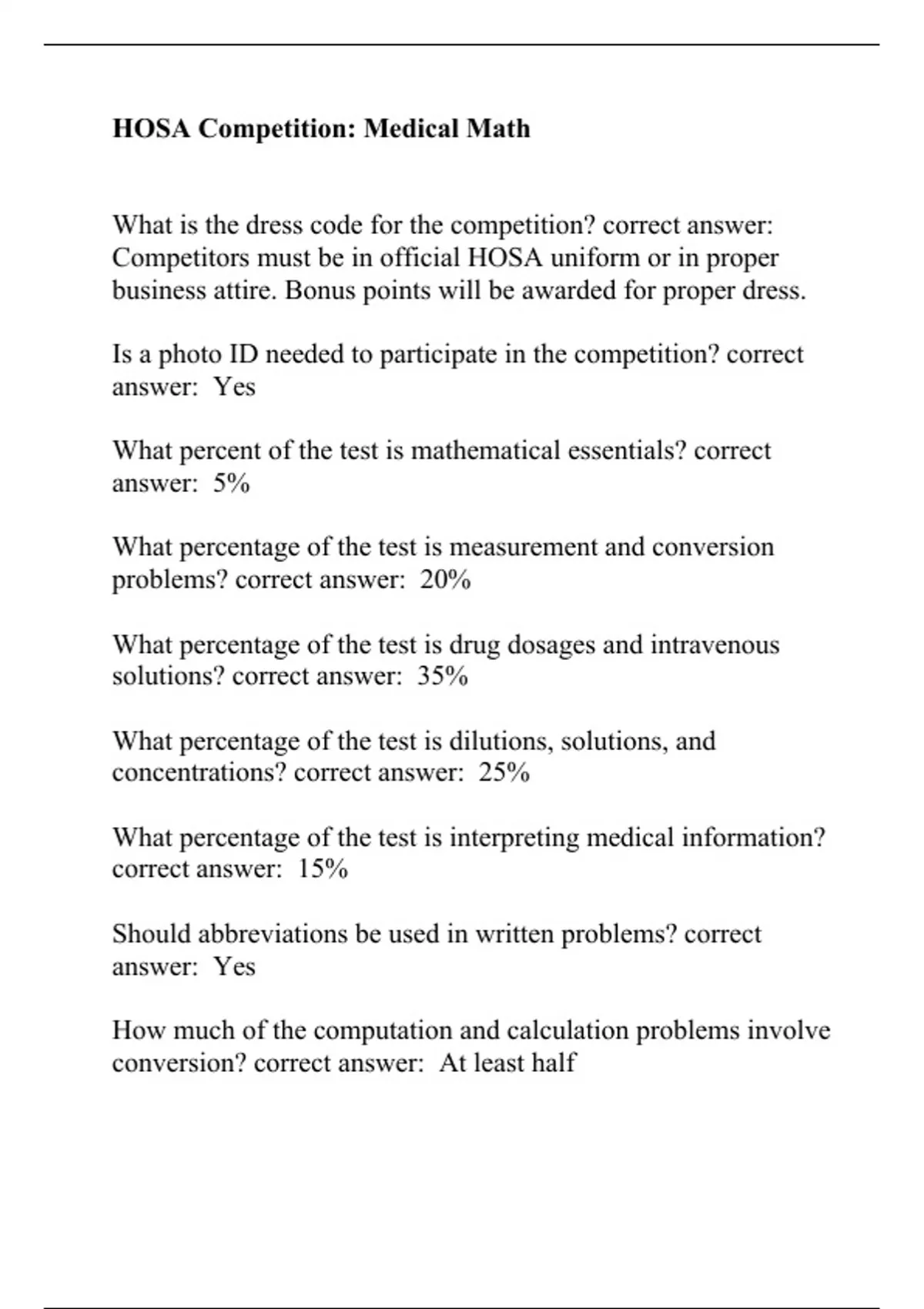 HOSA Competition: Medical Math Questions And Answers - HOSA - Stuvia US