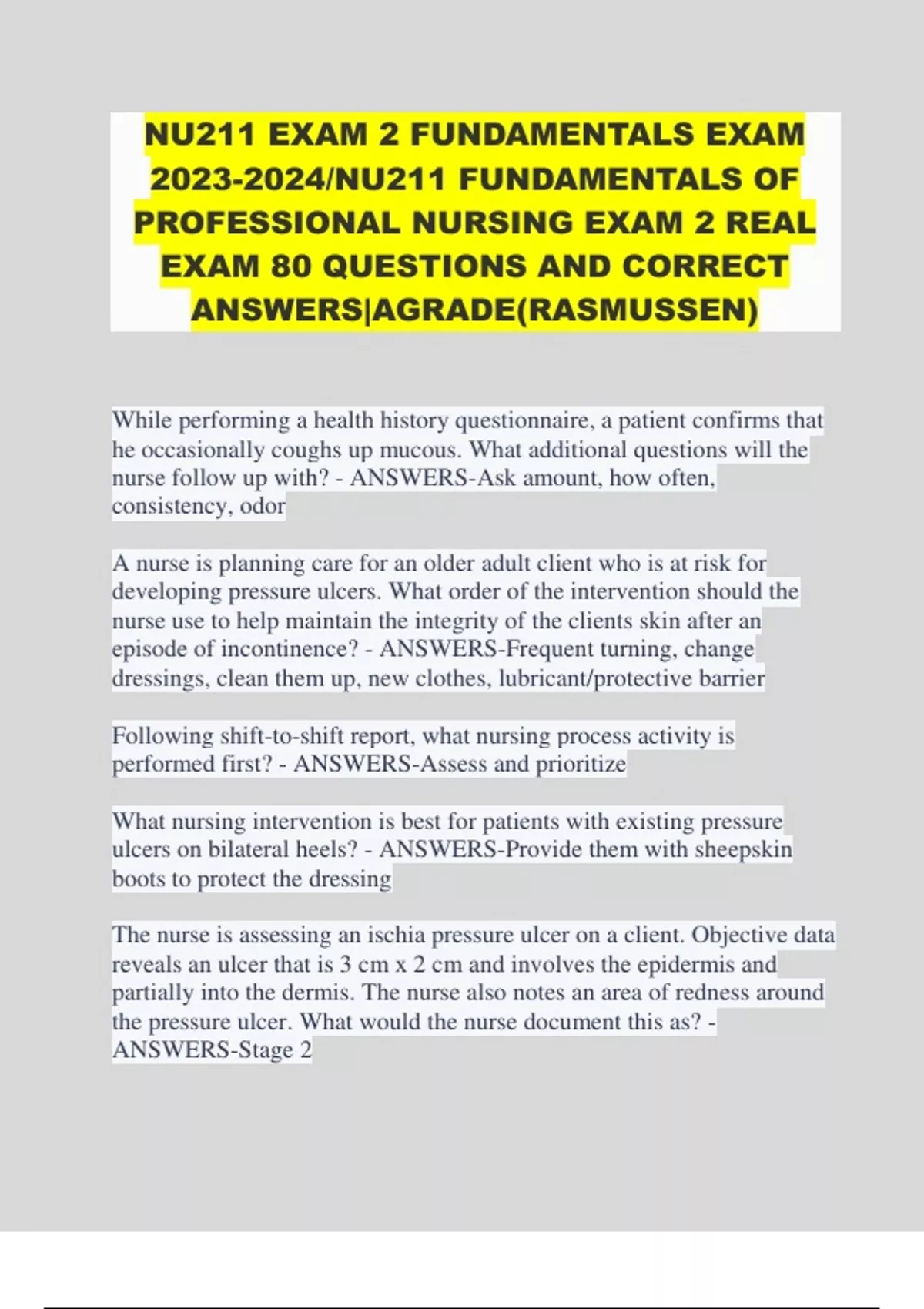 NU211 EXAM 2 FUNDAMENTALS EXAM /NU211 FUNDAMENTALS OF PROFESSIONAL ...