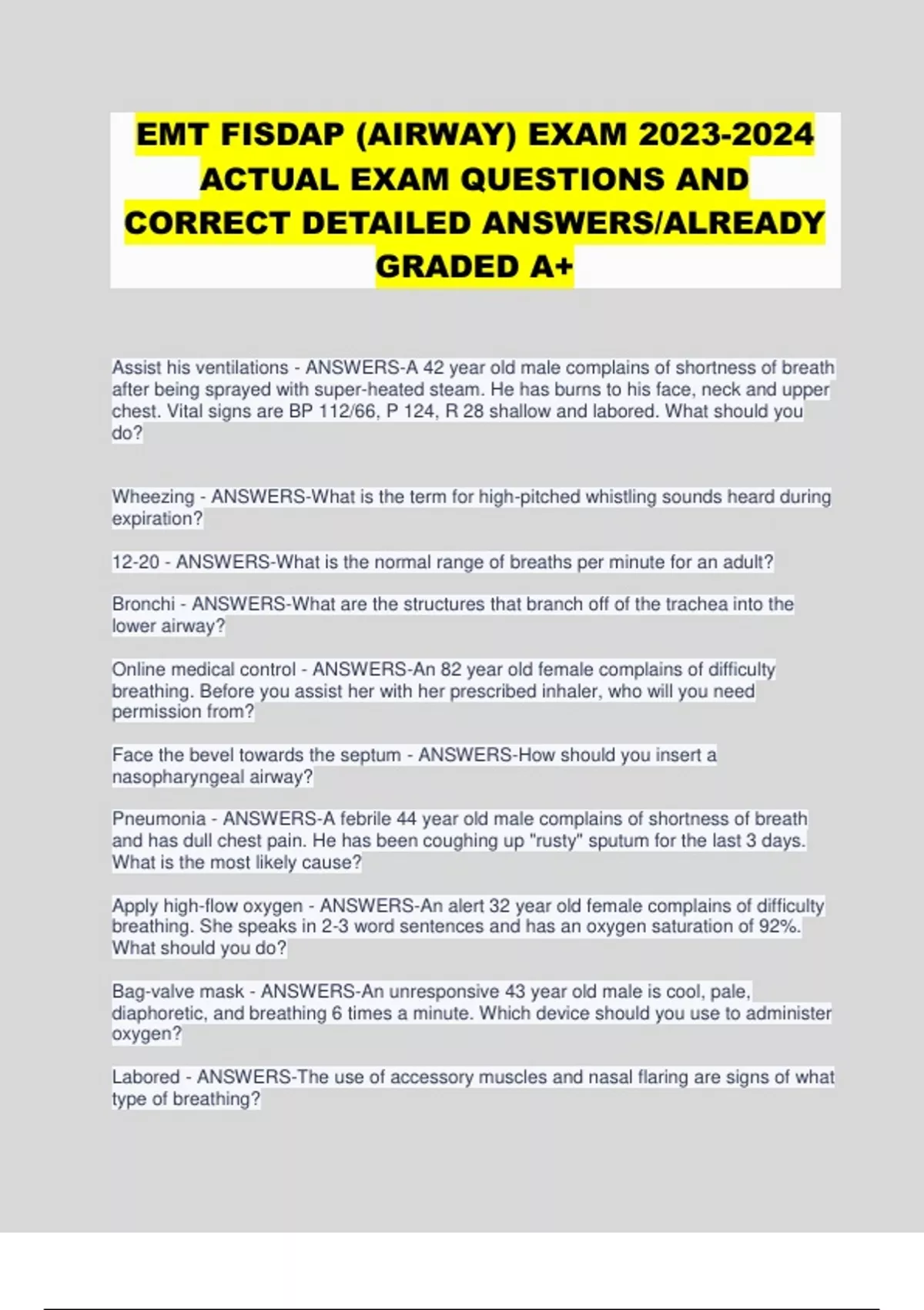 EMT FISDAP (AIRWAY) EXAM ACTUAL EXAM QUESTIONS AND CORRECT DETAILED ...