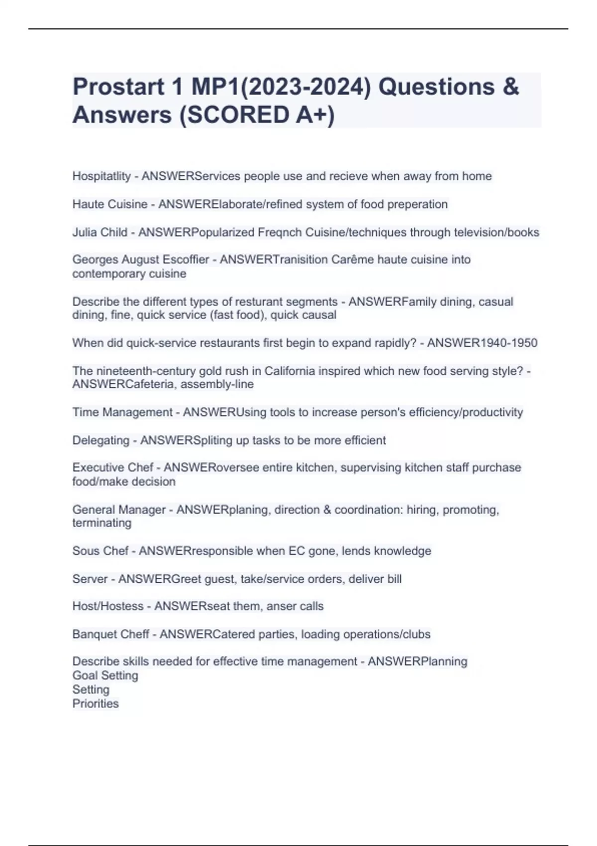 Prostart 1 MP1() Questions & Answers (SCORED A+) - Prostart 1 - Stuvia US