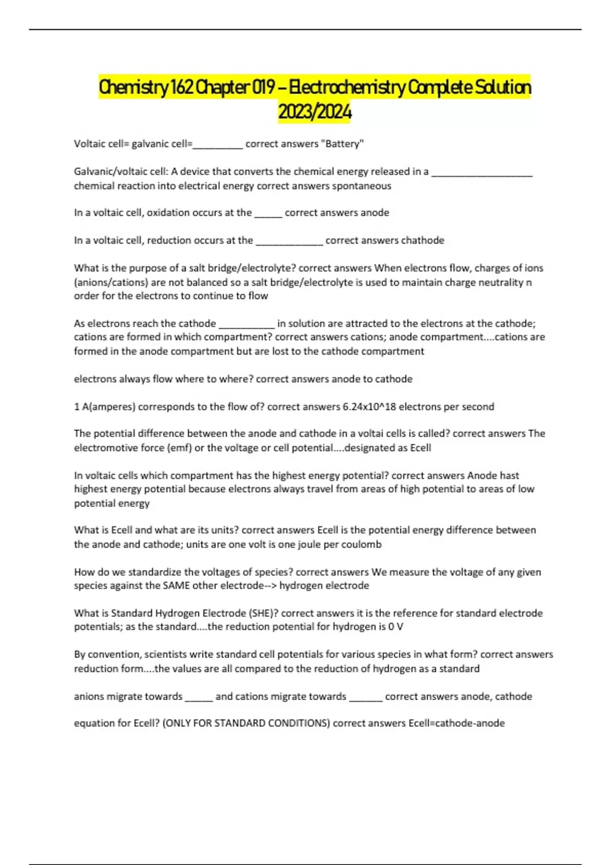 Chemistry 162 Chapter 019 – Electrochemistry Complete Solution 2023/ ...