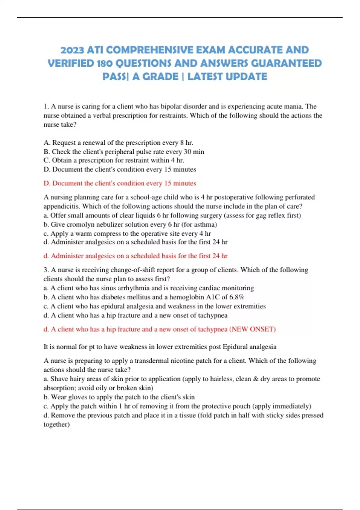 2023 ATI COMPREHENSIVE EXAM ACCURATE AND VERIFIED 180 QUESTIONS AND ...