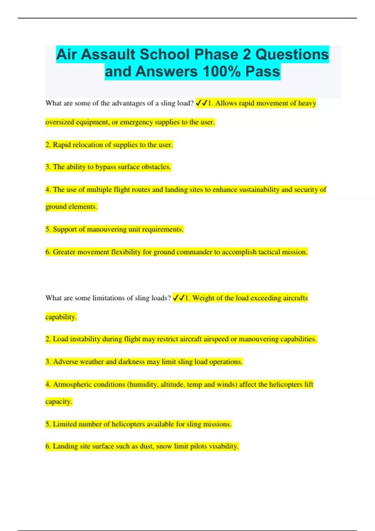 Air Assault School Phase 2 Questions and Answers 100% Pass - Air ...