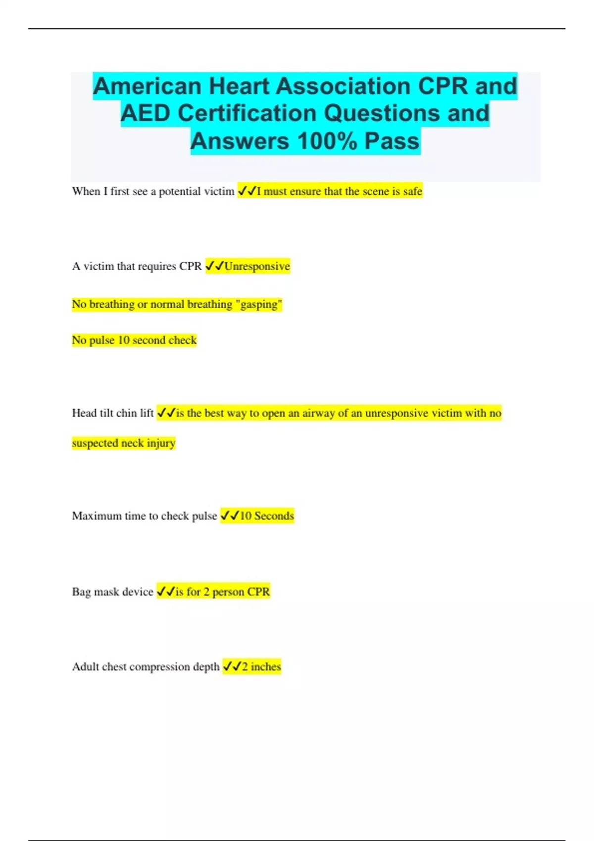 American Heart Association CPR and AED Certification Questions and ...