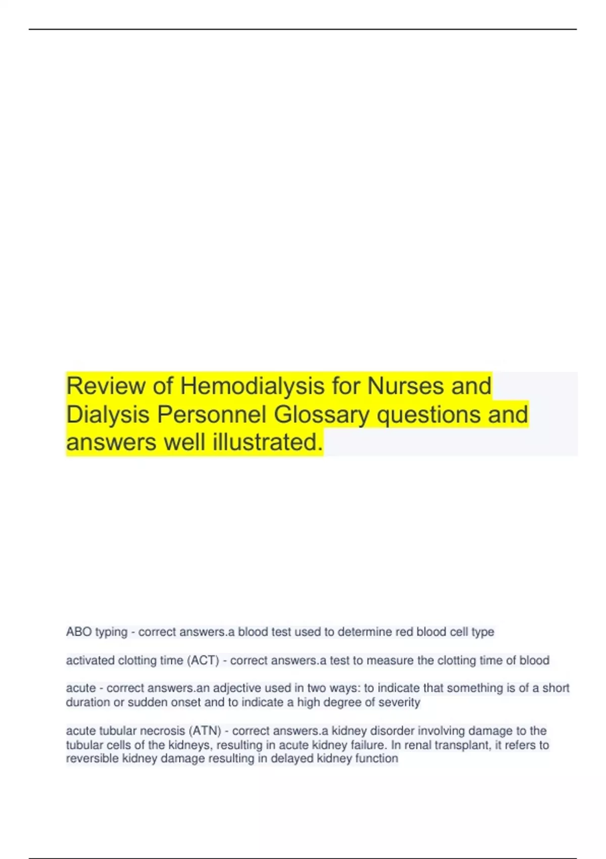 Review of Hemodialysis for Nurses and Dialysis Personnel Glossary ...