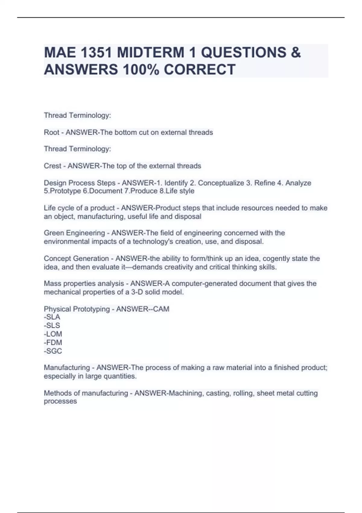 MAE 1351 MIDTERM 1 QUESTIONS & ANSWERS 100% CORRECT - Stuvia US