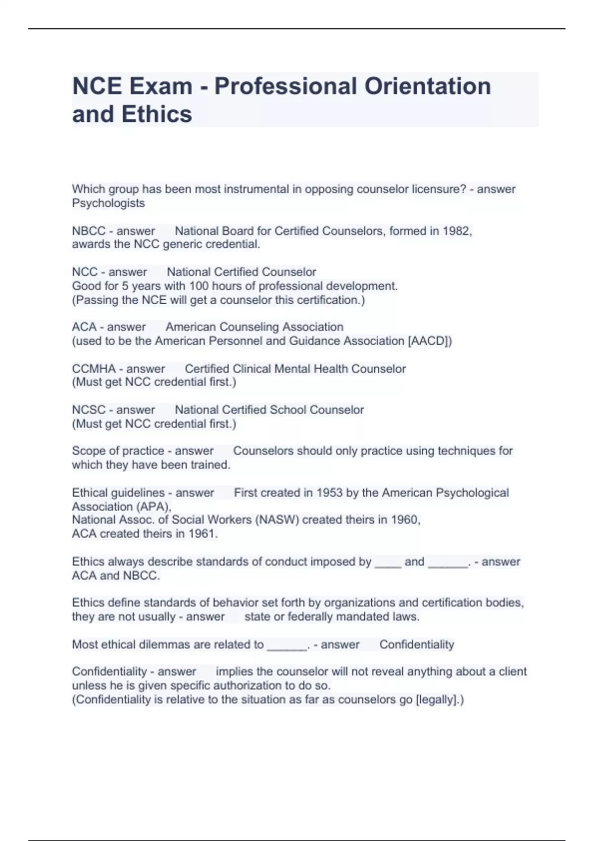 NCE Exam - Professional Orientation and Ethics Questions with Accurate ...