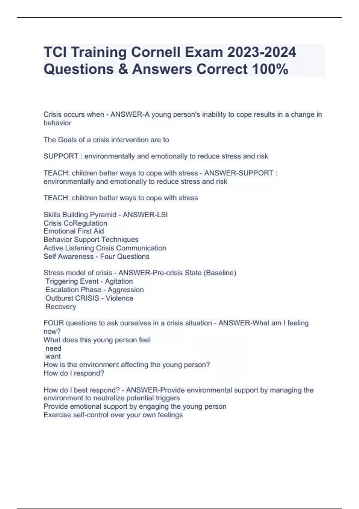 TCI Training Cornell Exam Questions & Answers Correct 100% - TCI ...