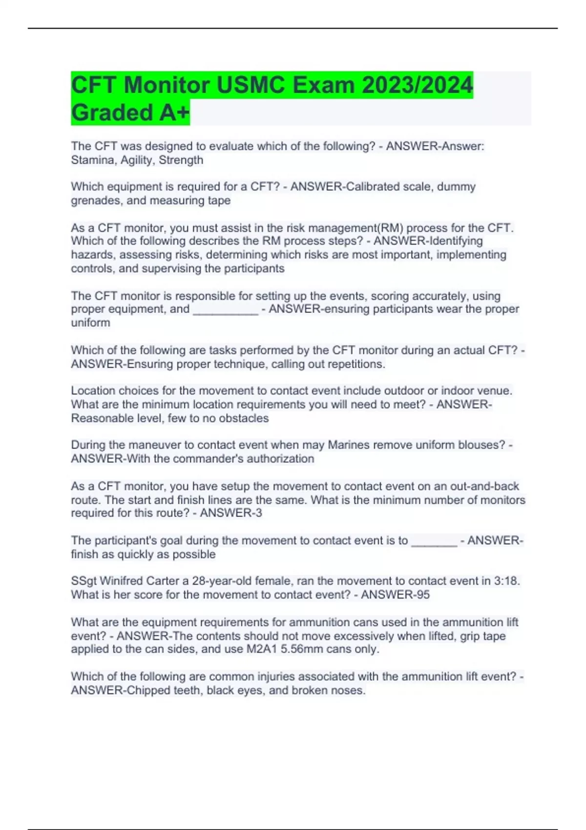 CFT Monitor USMC Exam 2023/2024 Graded A+ - CFT Monitor - Stuvia US