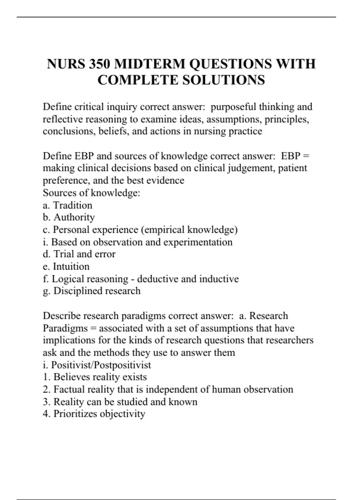 NURS 350 MIDTERM QUESTIONS WITH COMPLETE SOLUTIONS - NURS 350 - Stuvia US