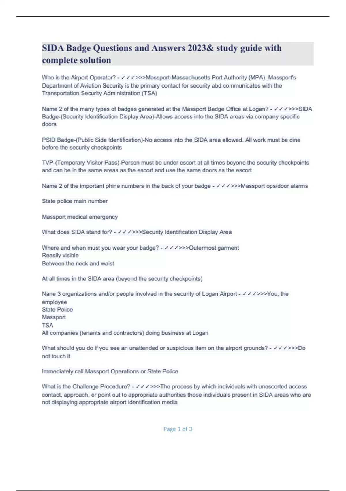 SIDA Badge Questions and Answers 2023& study guide with complete solution - SIDA Badge - Stuvia US