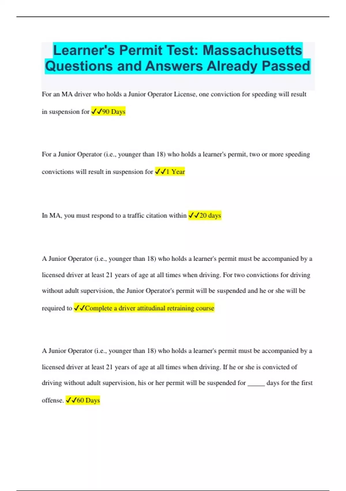 Learner's Permit Test: Massachusetts Questions and Answers Already ...