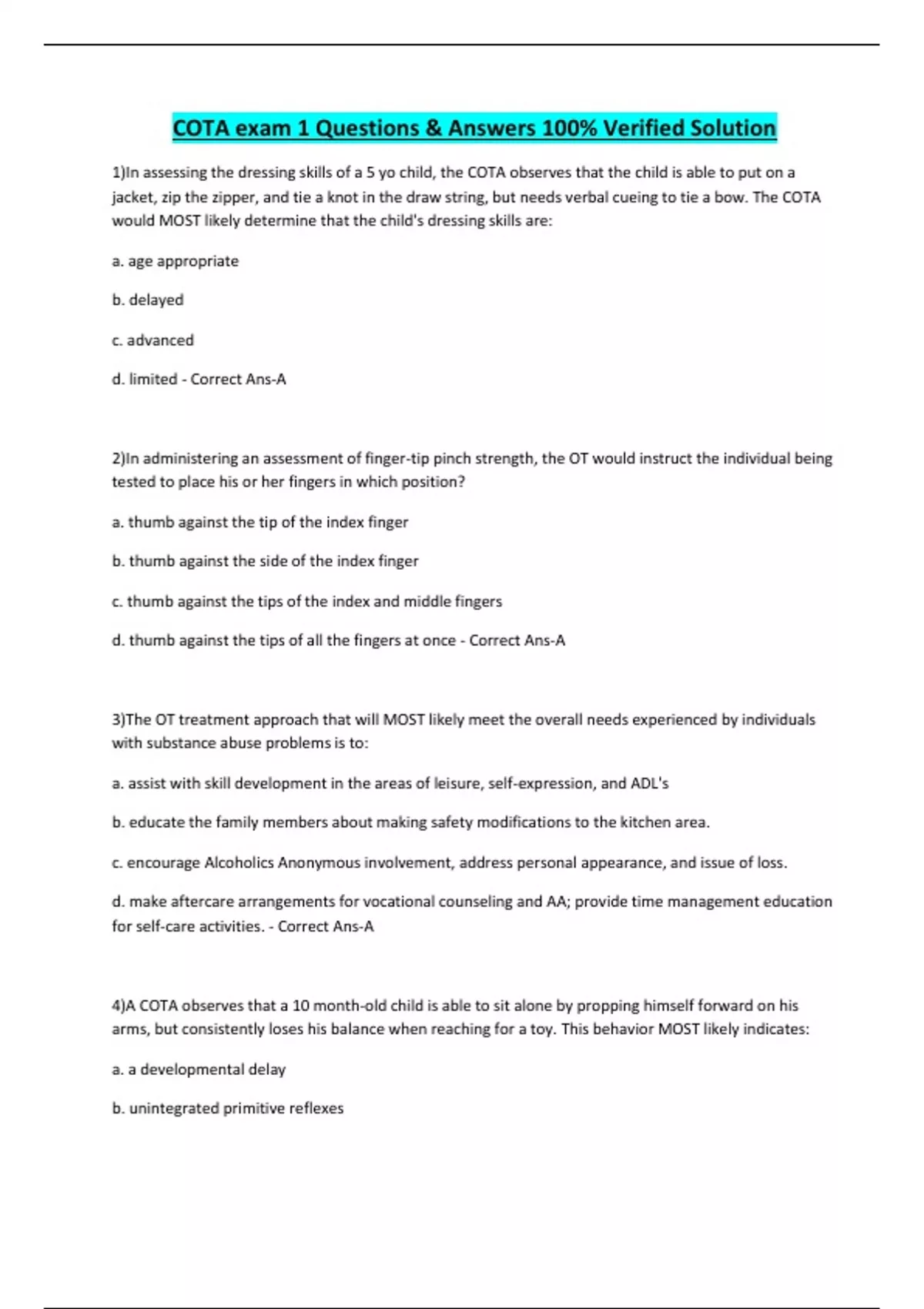 COTA exam 1 Questions & Answers 100% Verified Solution - COTA - Stuvia UK