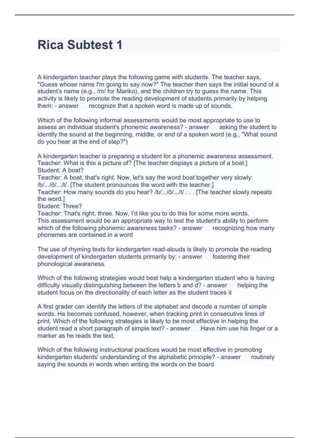 Rica Subtest 1 Questions and Answers, Scored A+ 2023 - Rica - Stuvia US