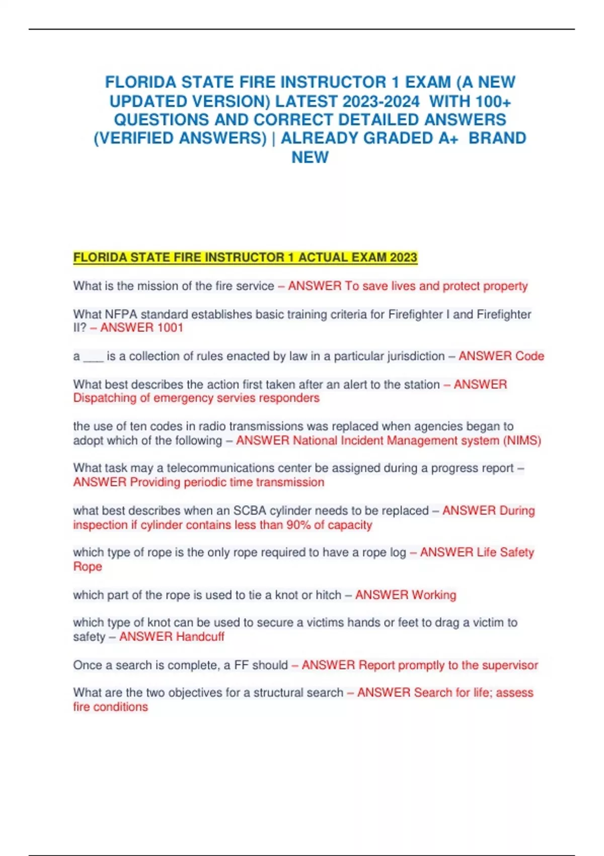 FLORIDA STATE FIRE INSTRUCTOR 1 EXAM (A NEW UPDATED VERSION) LATEST ...