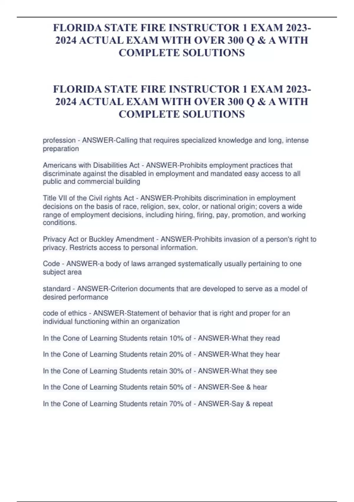 FLORIDA STATE FIRE INSTRUCTOR 1 EXAM ACTUAL EXAM WITH OVER 300 Q & A ...