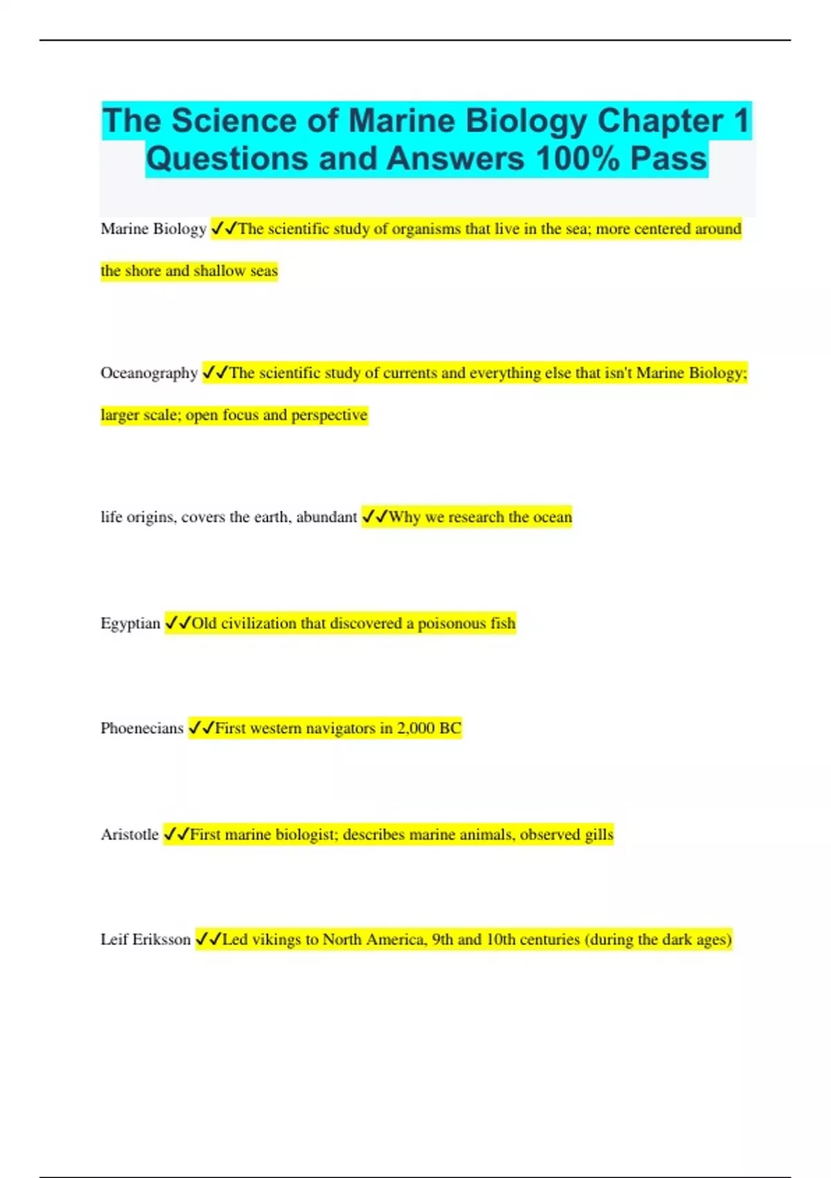 The Science of Marine Biology Chapter 1 Questions and Answers 100% Pass ...