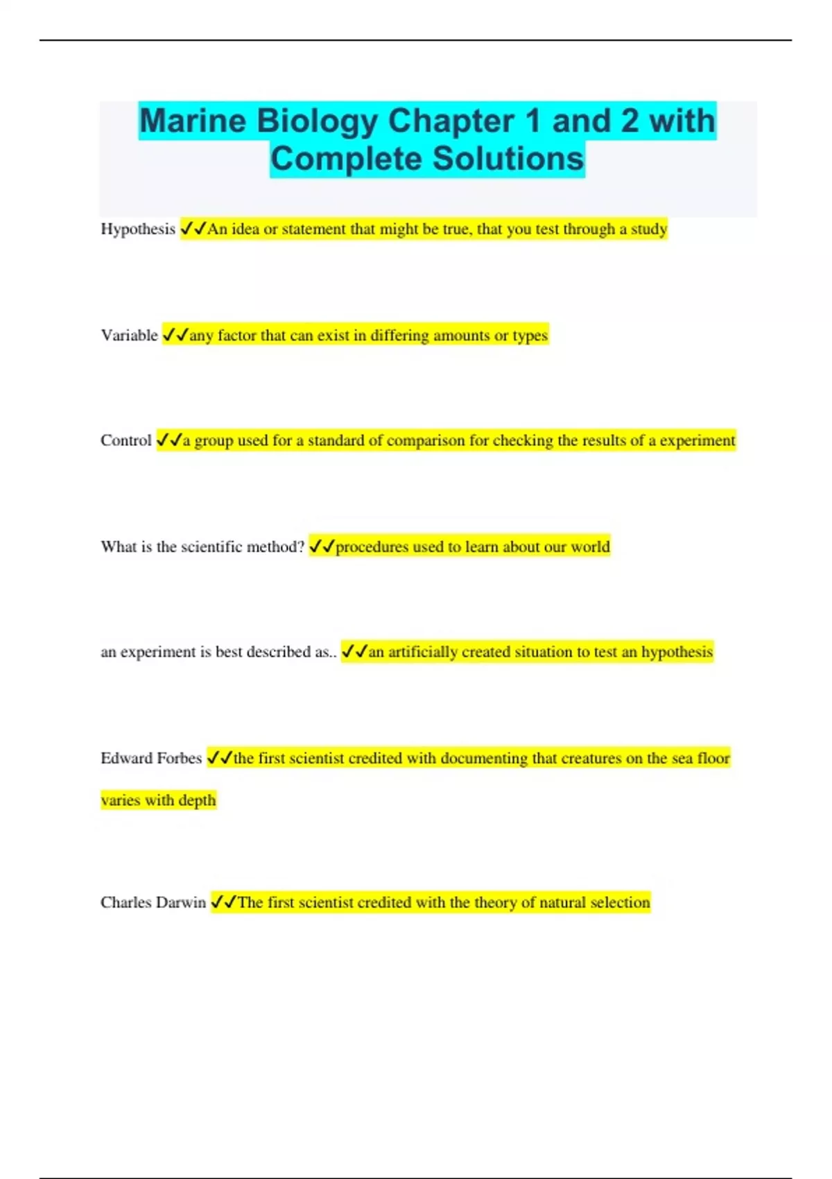Marine Biology Chapter 1 and 2 with Complete Solutions - Marine Biology ...