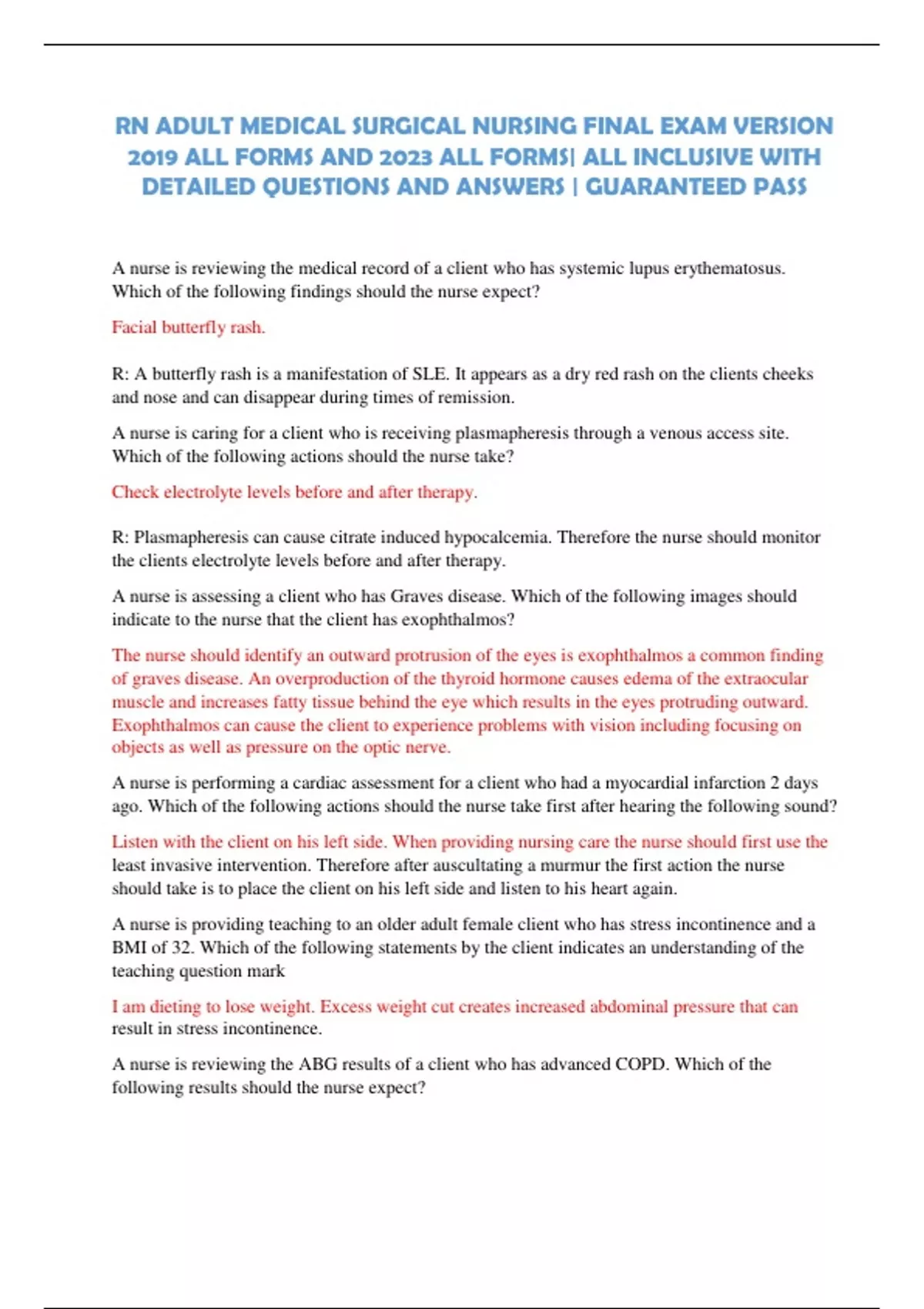 RN ADULT MEDICAL SURGICAL NURSING FINAL EXAM VERSION 2019 ALL FORMS AND ...