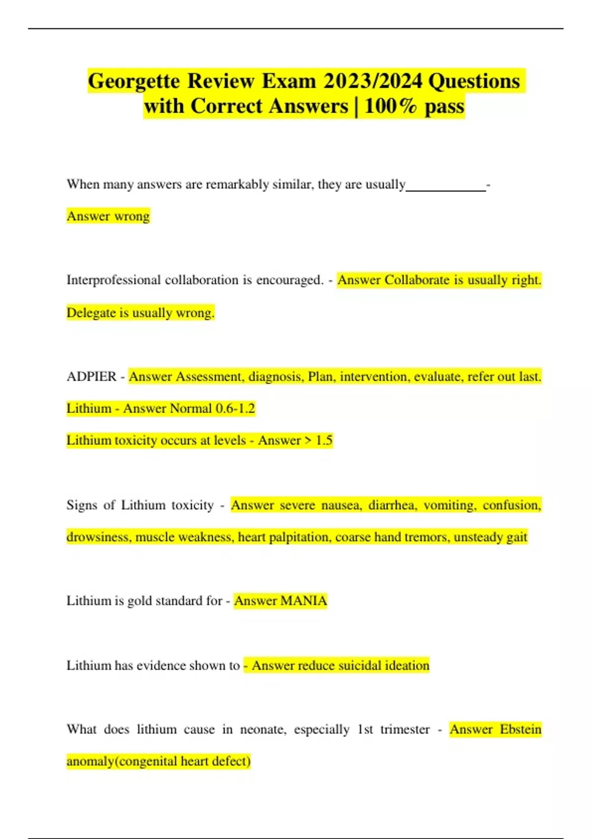 Georgette Review Exam 2023/2024 Questions with Correct Answers | 100% ...