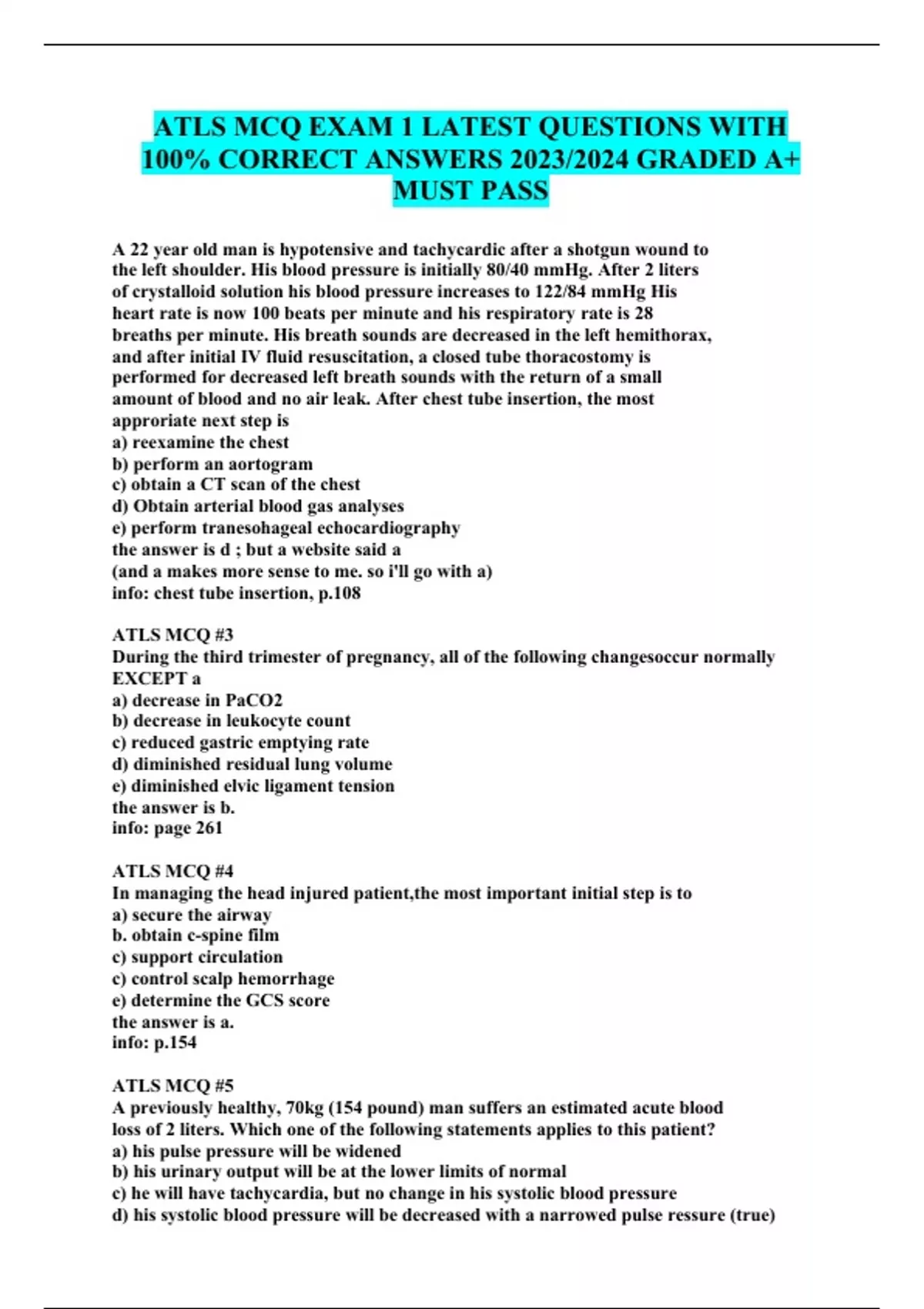 ATLS MCQ EXAM 1 LATEST QUESTIONS WITH 100% CORRECT ANSWERS 2023/2024 ...