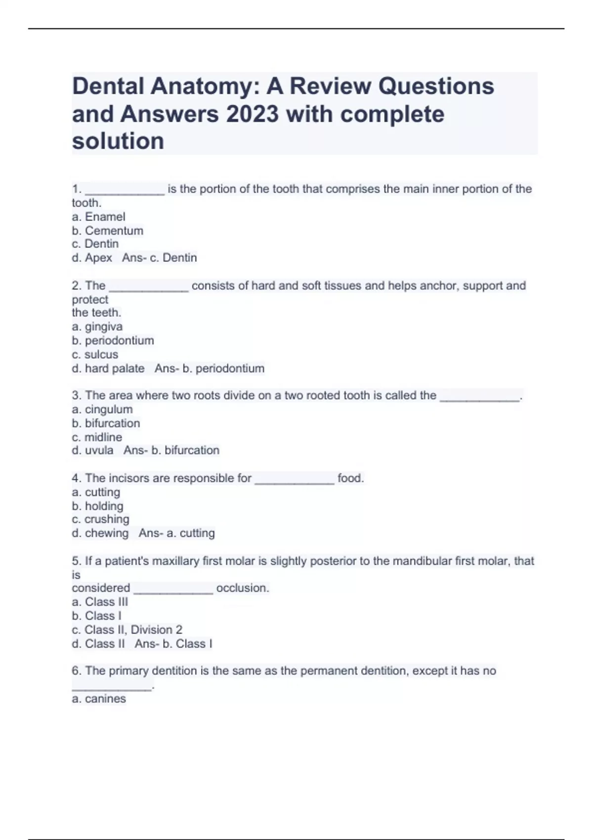 Dental Anatomy: A Review Questions and Answers 2023 with complete ...
