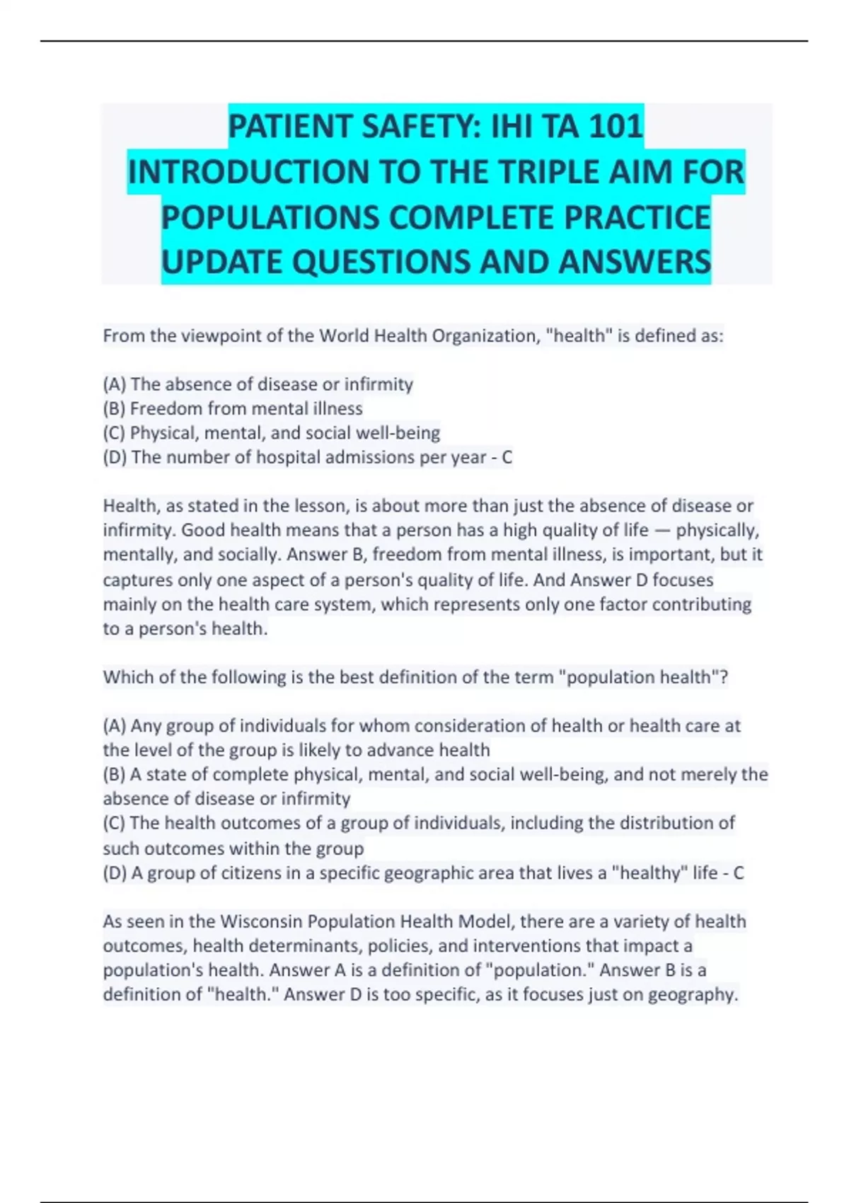 PATIENT SAFETY IHI TA 101 INTRODUCTION TO THE TRIPLE AIM FOR ...