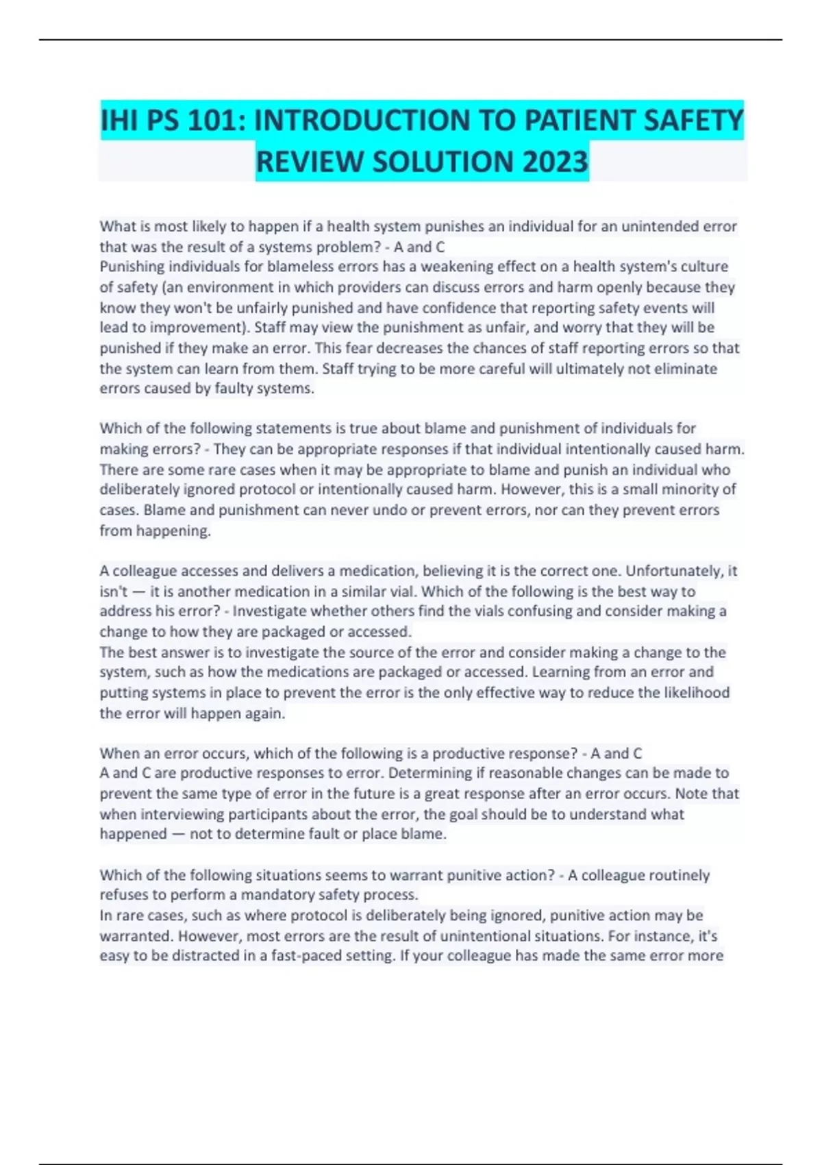 IHI PS 101 INTRODUCTION TO PATIENT SAFETY REVIEW SOLUTION 2023 - IHI PS 101 INTRODUCTION TO ...