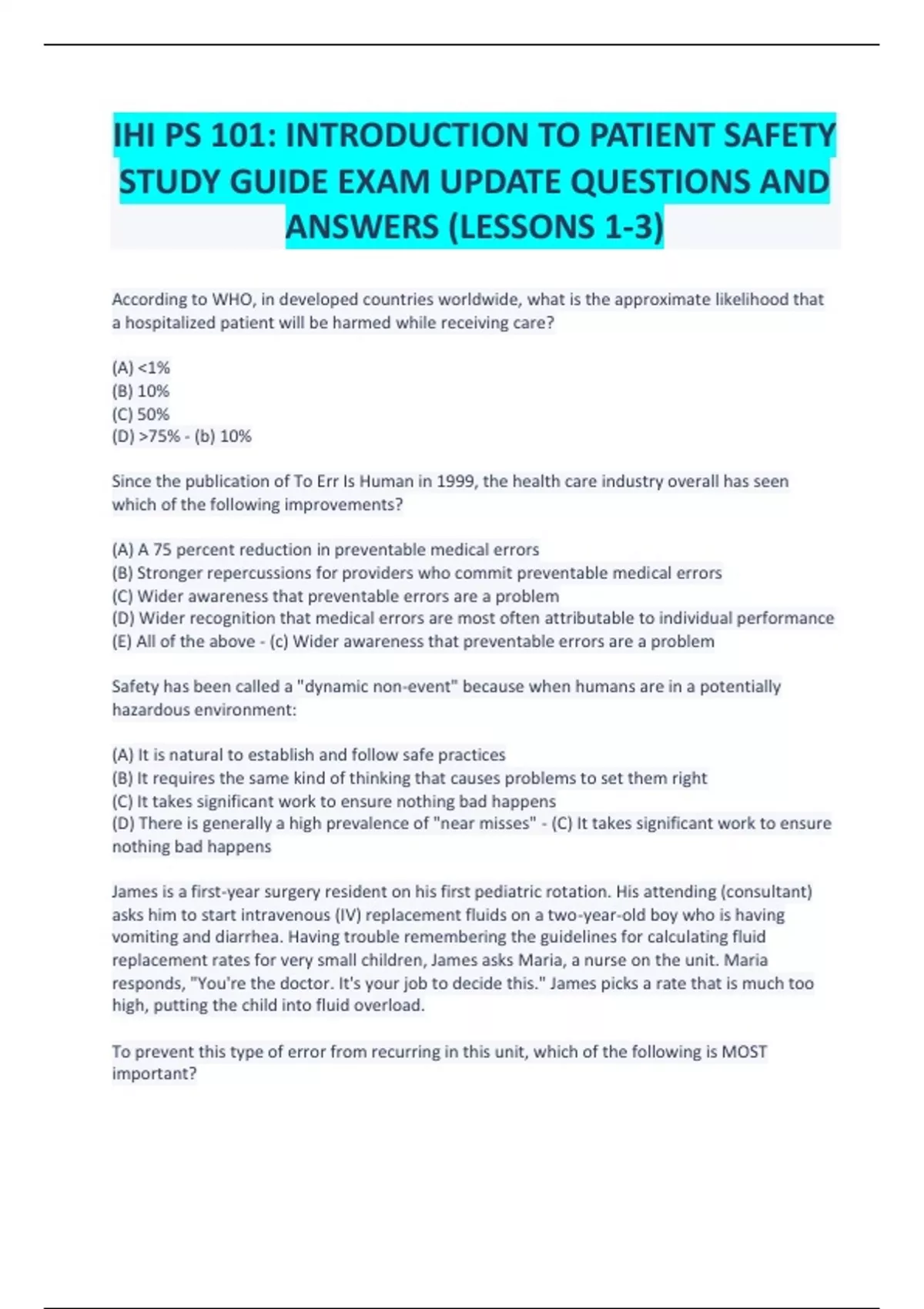 IHI PS 101 INTRODUCTION TO PATIENT SAFETY STUDY GUIDE EXAM UPDATE ...