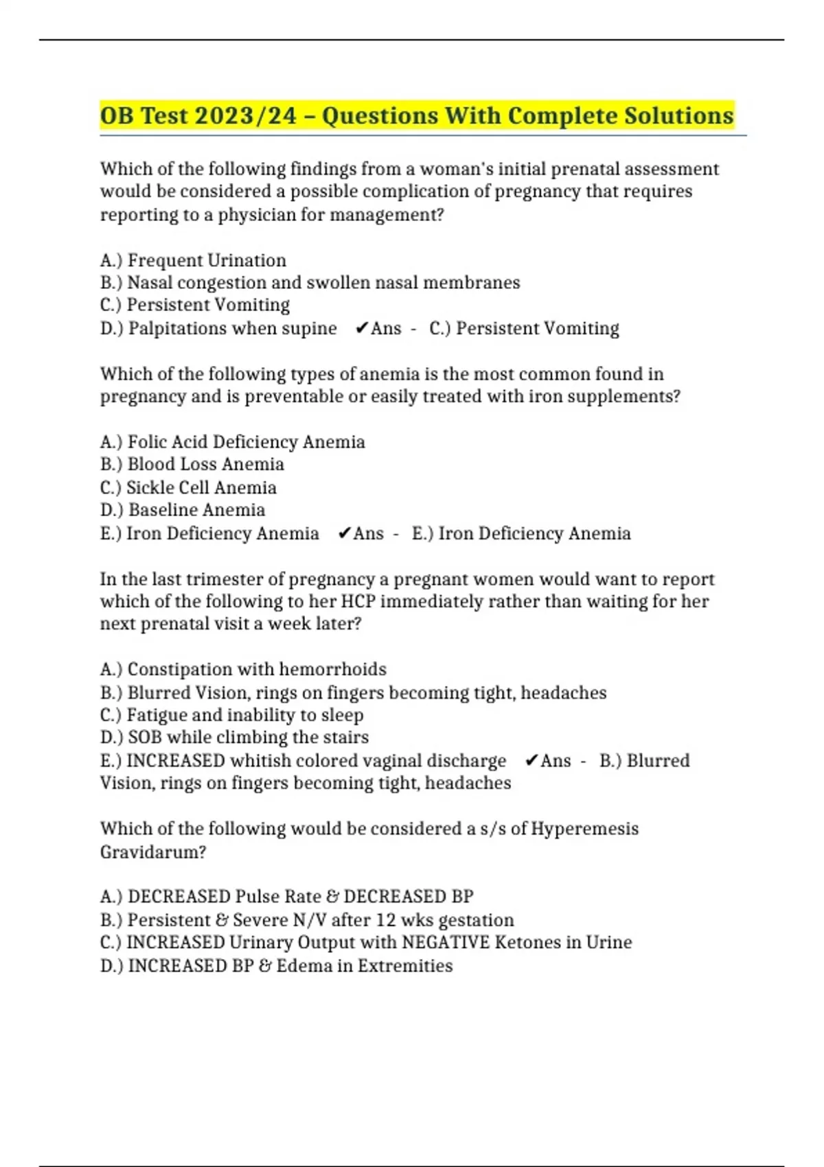 OB Test 2023/24 – Questions With Complete Solutions - Inpatient OB ...