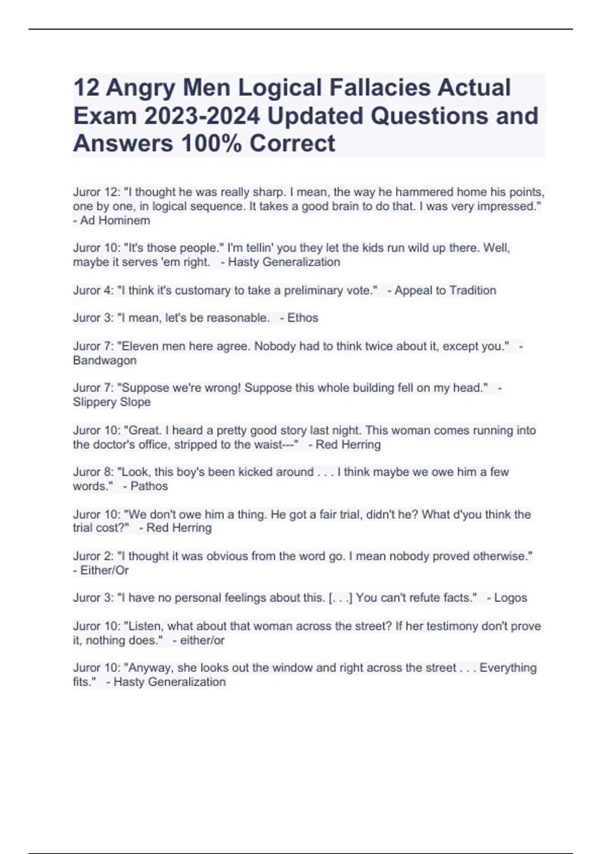 12 Angry Men Logical Fallacies Actual Exam Updated Questions and Answers 100% Correct - 12 Angry ...