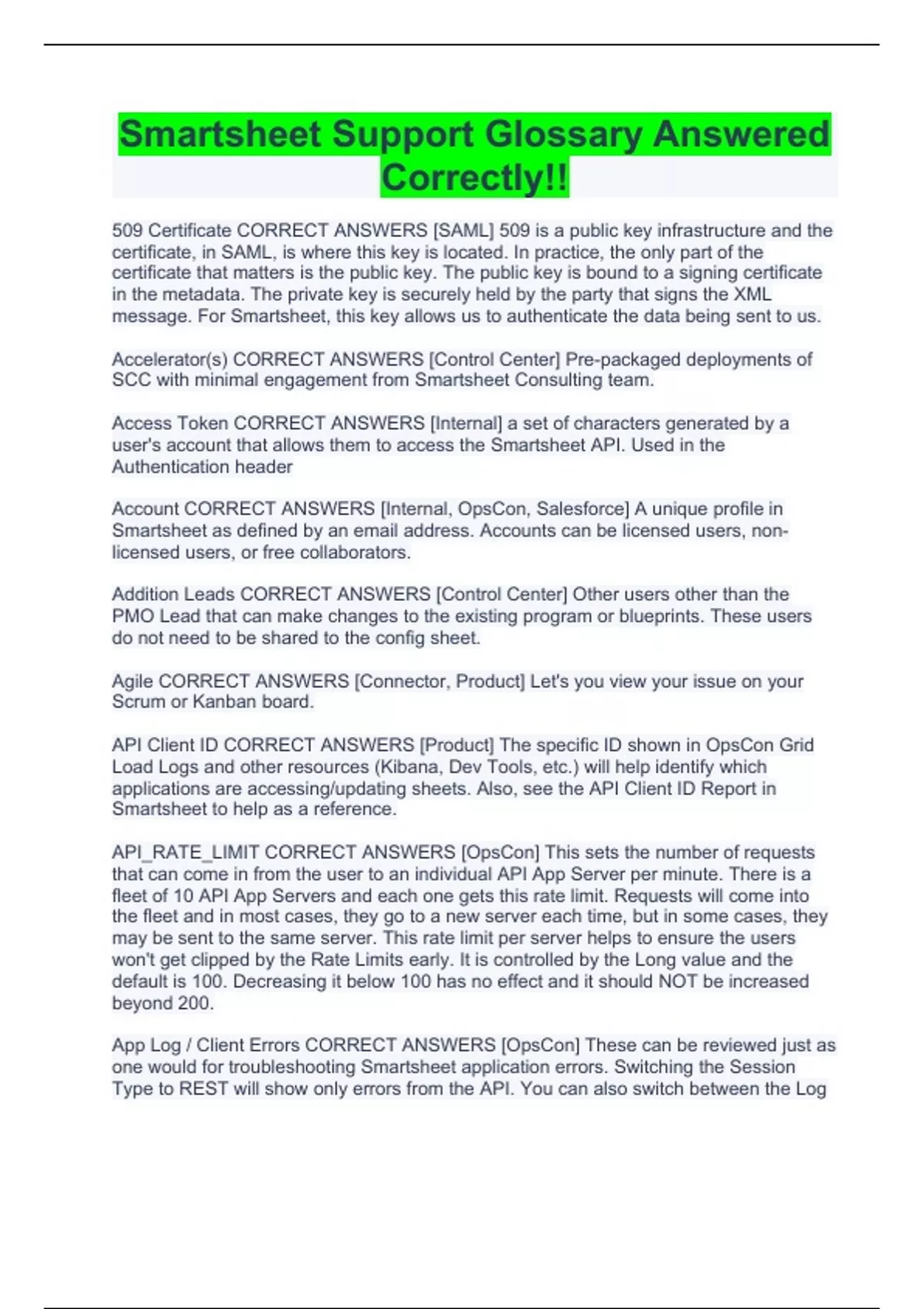 Smartsheet Support Glossary Answered Correctly!! - Smartsheet - Stuvia US