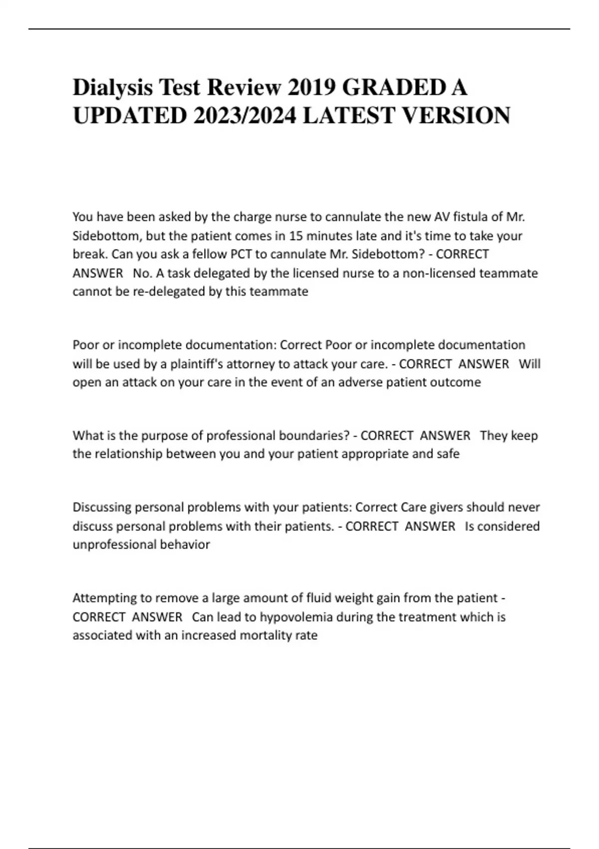 Dialysis Test Review 2019 GRADED A UPDATED 2023/2024 LATEST VERSION ...