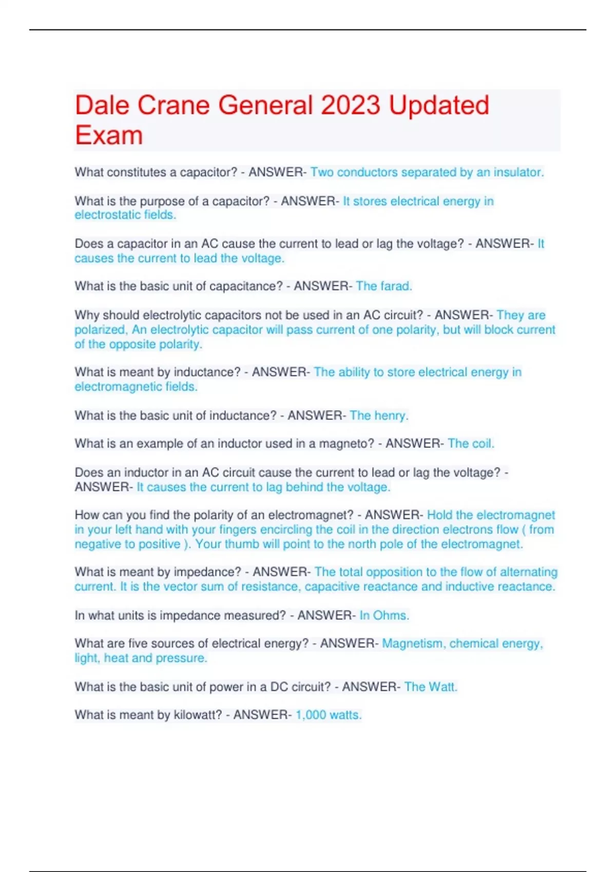 Dale Crane General 2023 Updated Exam - Dale Crane General 2023 - Stuvia US