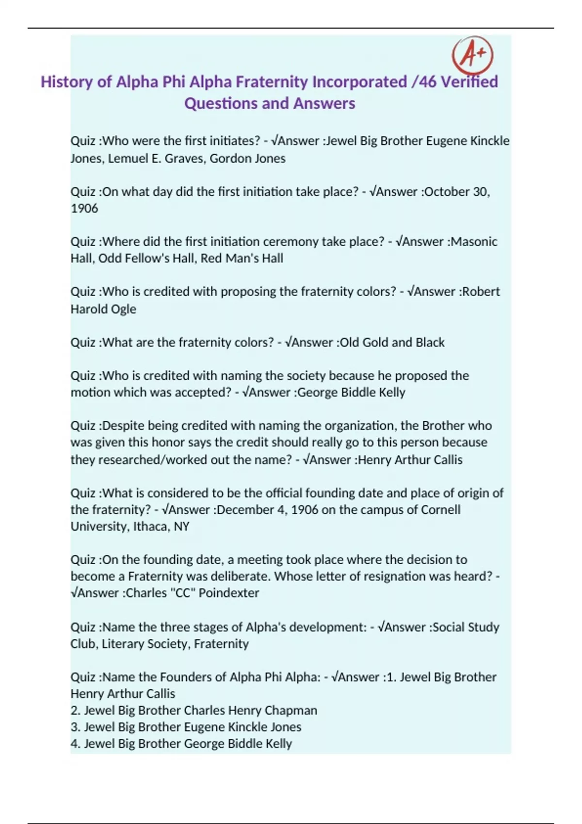 History of Alpha Phi Alpha Fraternity Incorporated /46 Verified Questions and Answers - Alpha ...