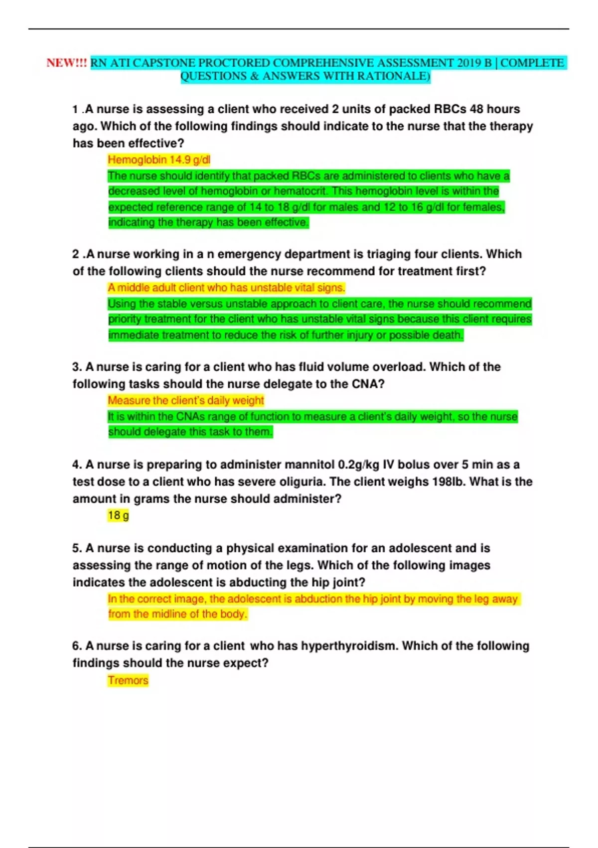 NEW!!! RN ATI CAPSTONE PROCTORED COMPREHENSIVE ASSESSMENT 2019 B ...