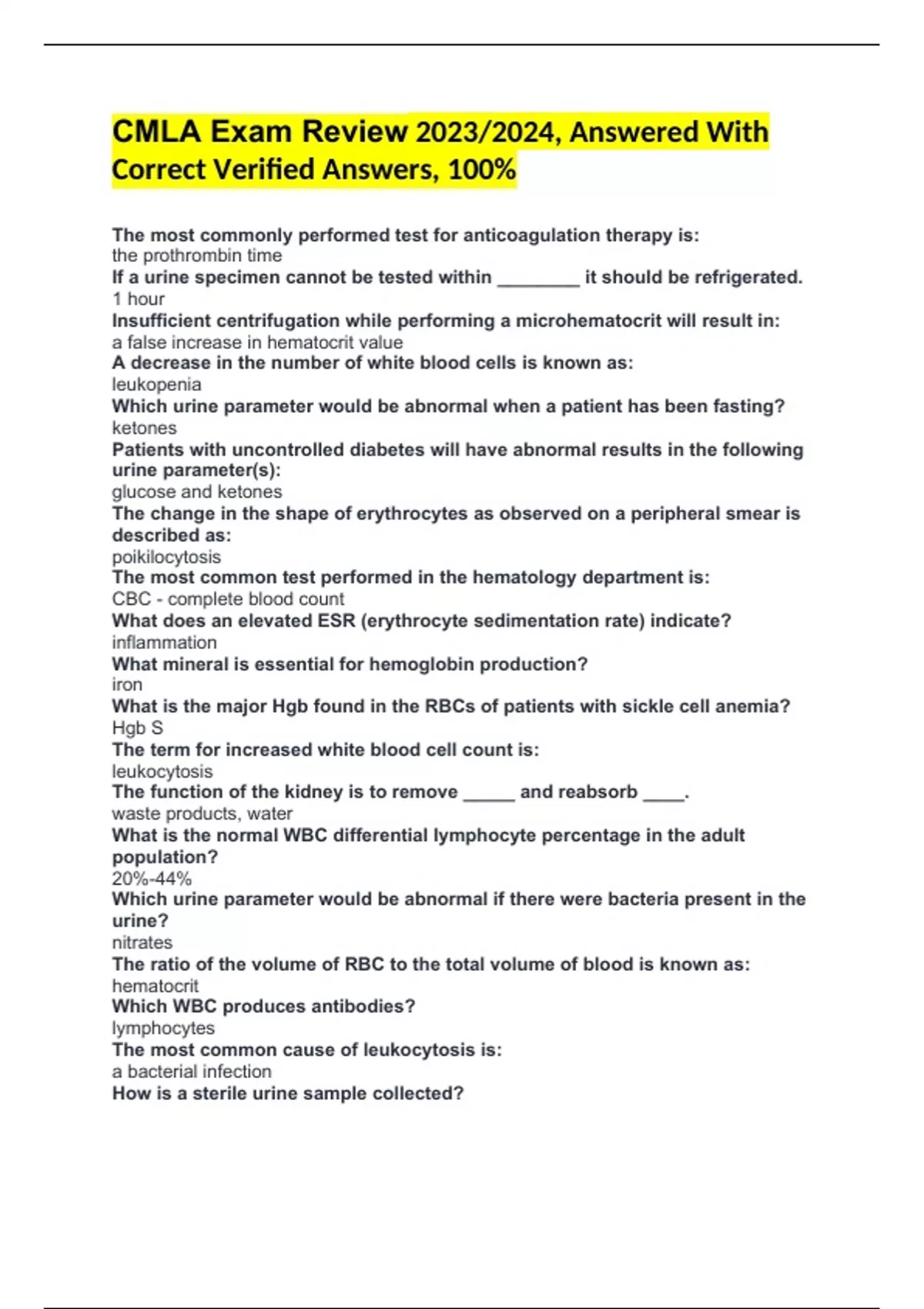 CMLA Exam Review 2023/2024, Answered With Correct Verified Answers, 100 ...
