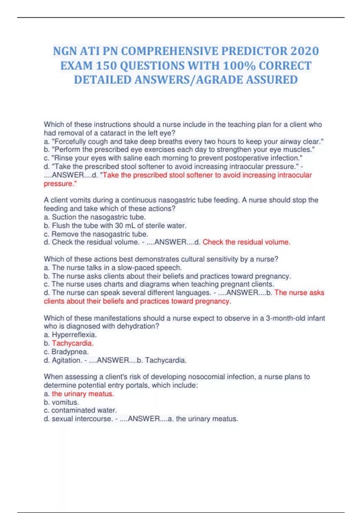 NGN ATI PN COMPREHENSIVE PREDICTOR 2020 EXAM 150 QUESTIONS WITH 100% ...