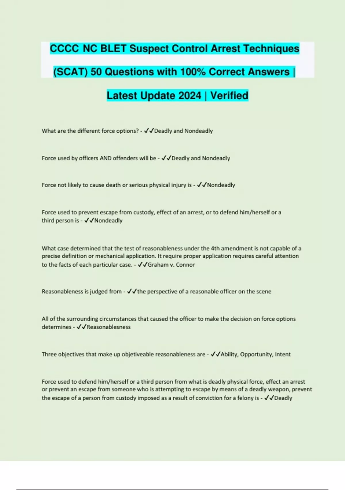CCCC NC BLET Suspect Control Arrest Techniques (SCAT) 50 Questions with ...