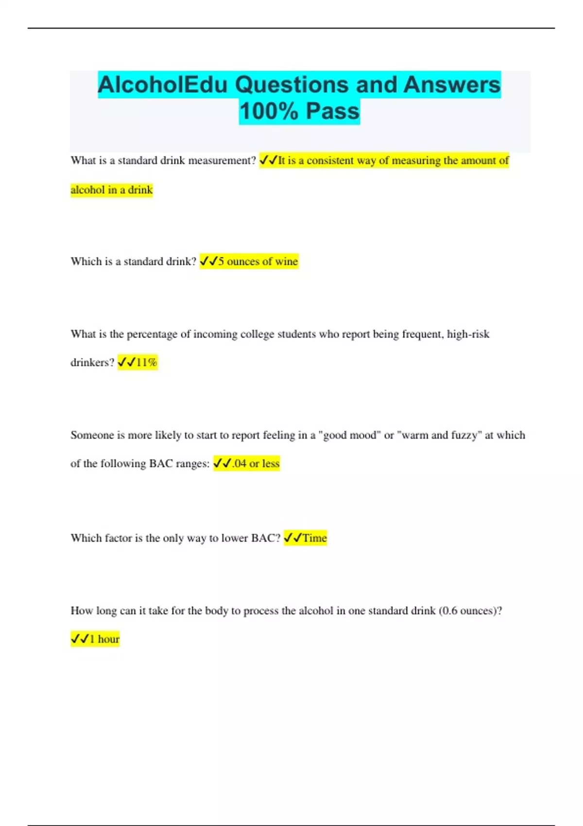 AlcoholEdu Questions and Answers 100% Pass - Alcohol and substance ...