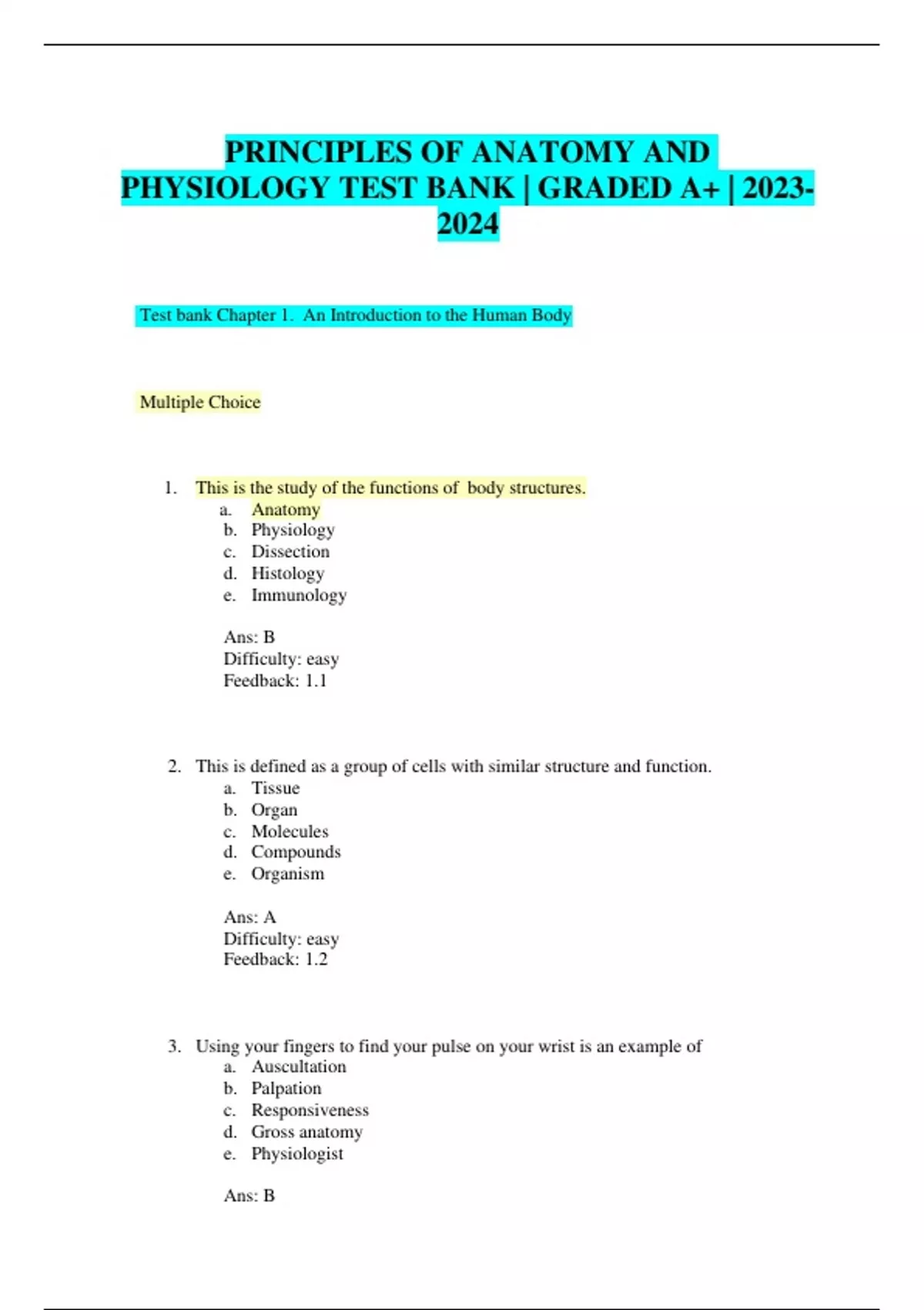 PRINCIPLES OF ANATOMY AND PHYSIOLOGY TEST BANK | GRADED A+ ...